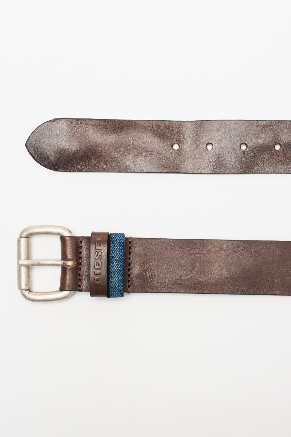 Diesel, Curea din piele cu detaliu din denim Deloso, Maro, 100 - eMAG.ro