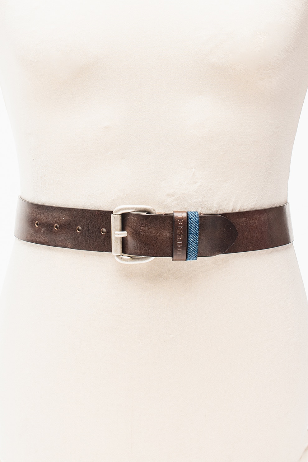 Diesel, Curea din piele cu detaliu din denim Deloso, Maro, 100 - eMAG.ro
