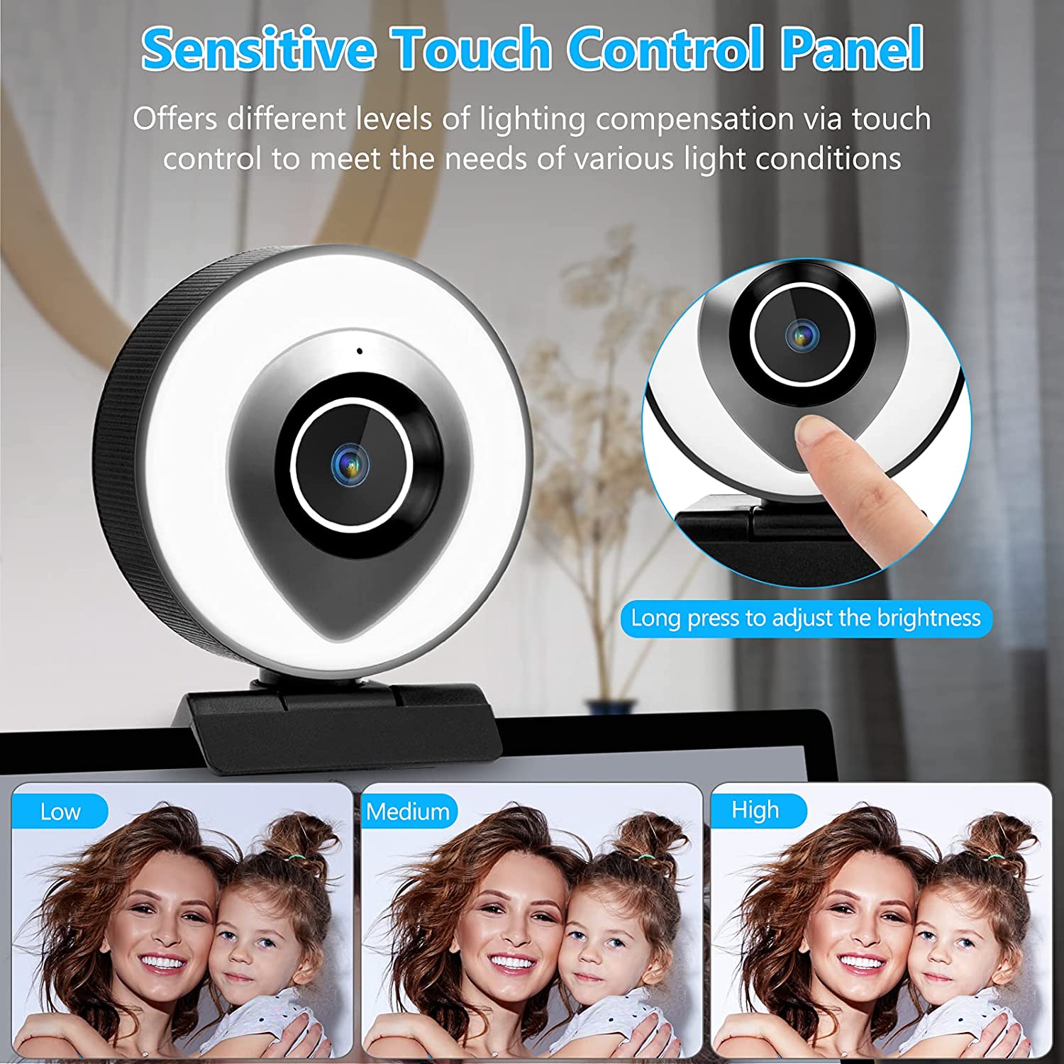 Camera web cu ring light ajustabil, 2K HD, cu microfon, trepied, port ...