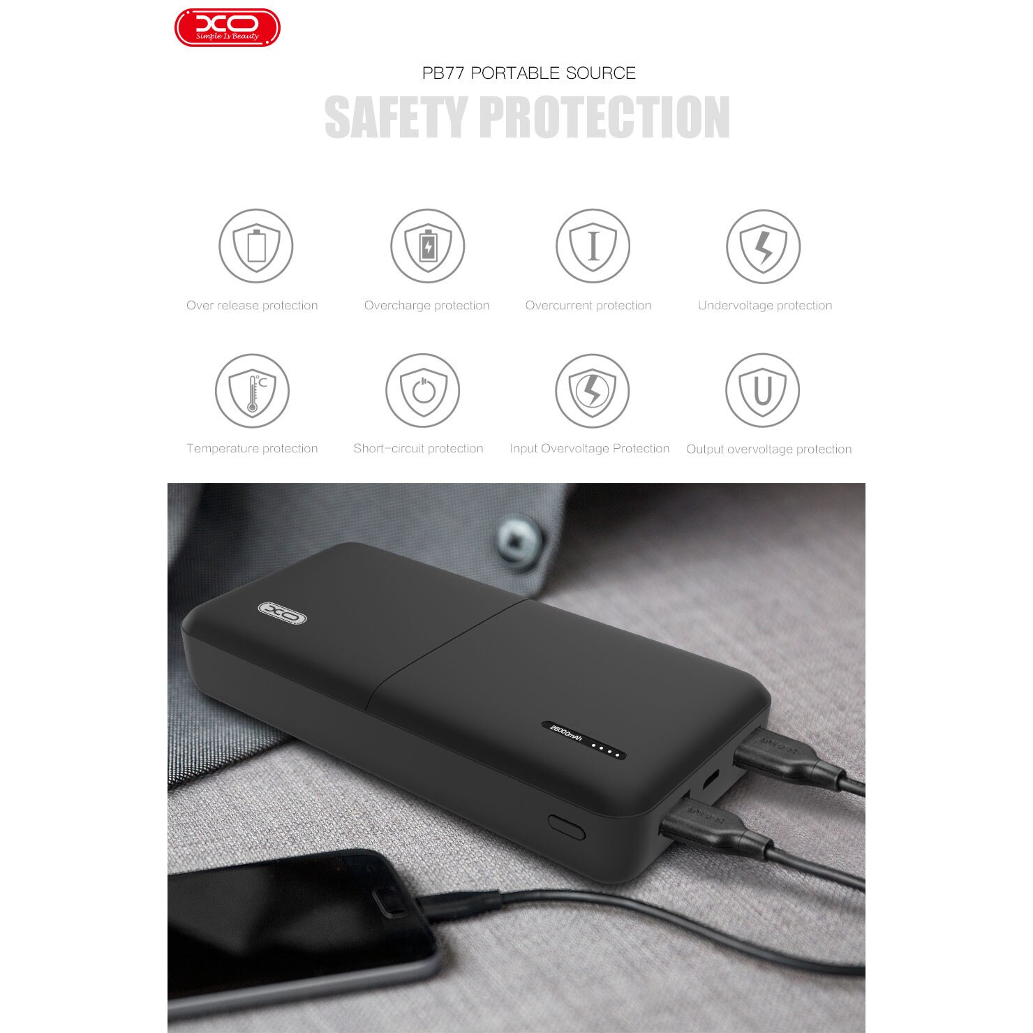 Baterie externa XO - PB77, 26000 mAh, USB, Black - eMAG.ro