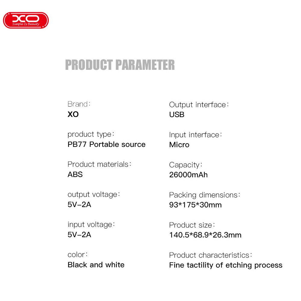 Baterie externa XO - PB77, 26000 mAh, USB, Black - eMAG.ro