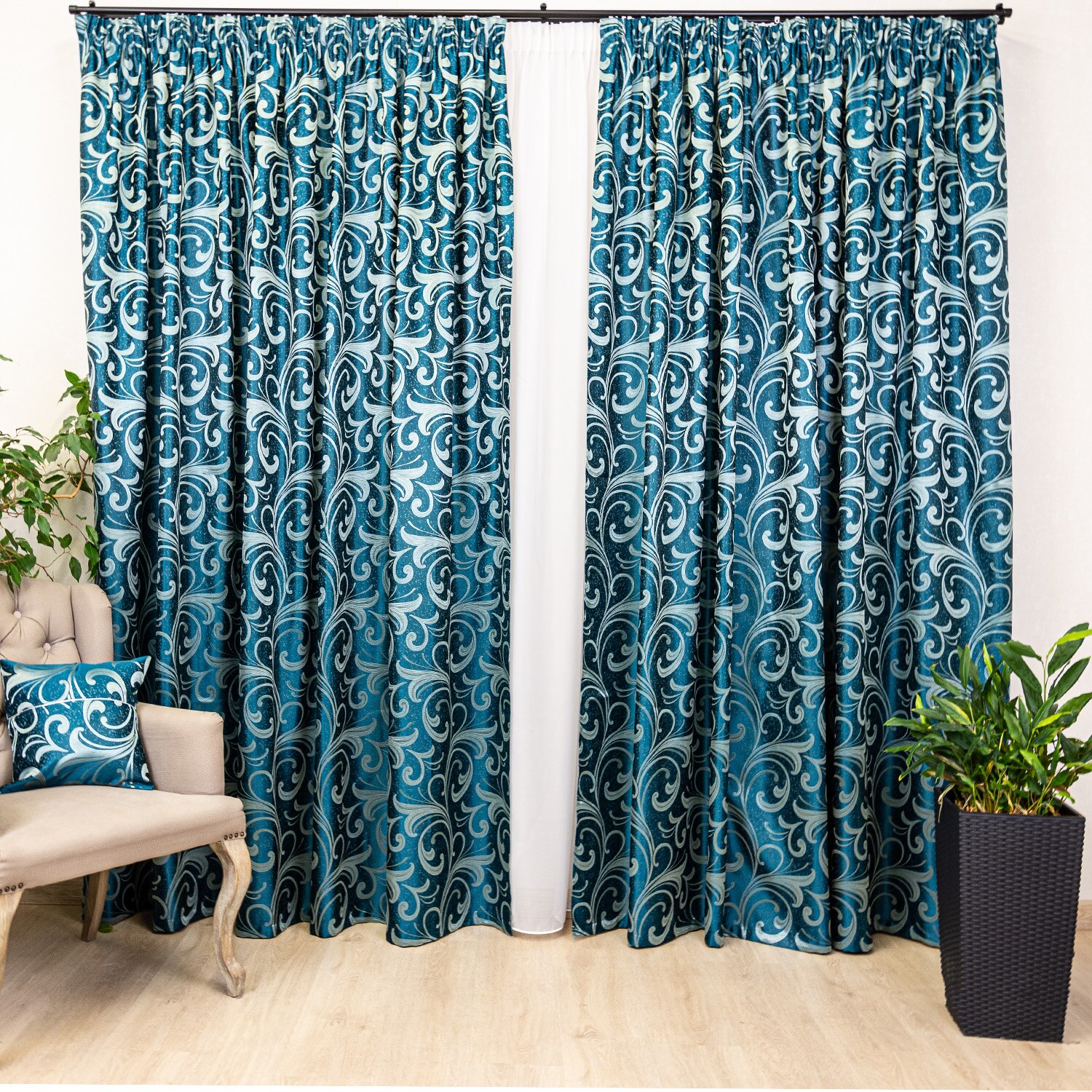 Set 3 piese, doua draperii Hiko Royal Garden turcoaz 2x200x245cm si o ...