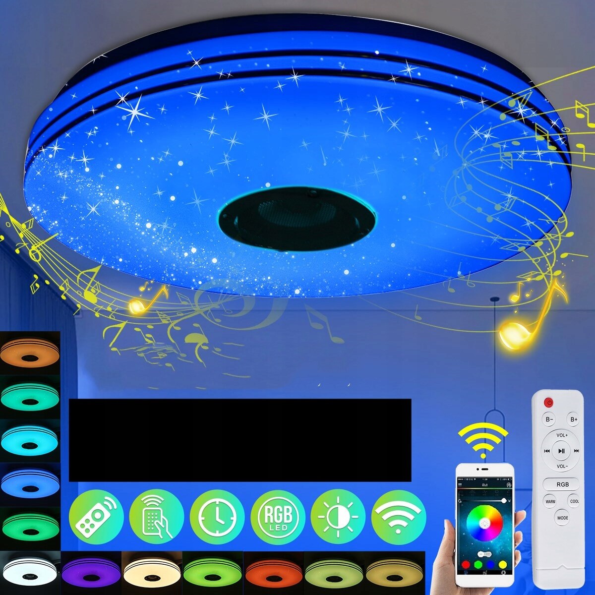 Plafoniera LED cu telecomanda, 60 W, Difuzor, Bluetooth, Diametru 40 cm ...