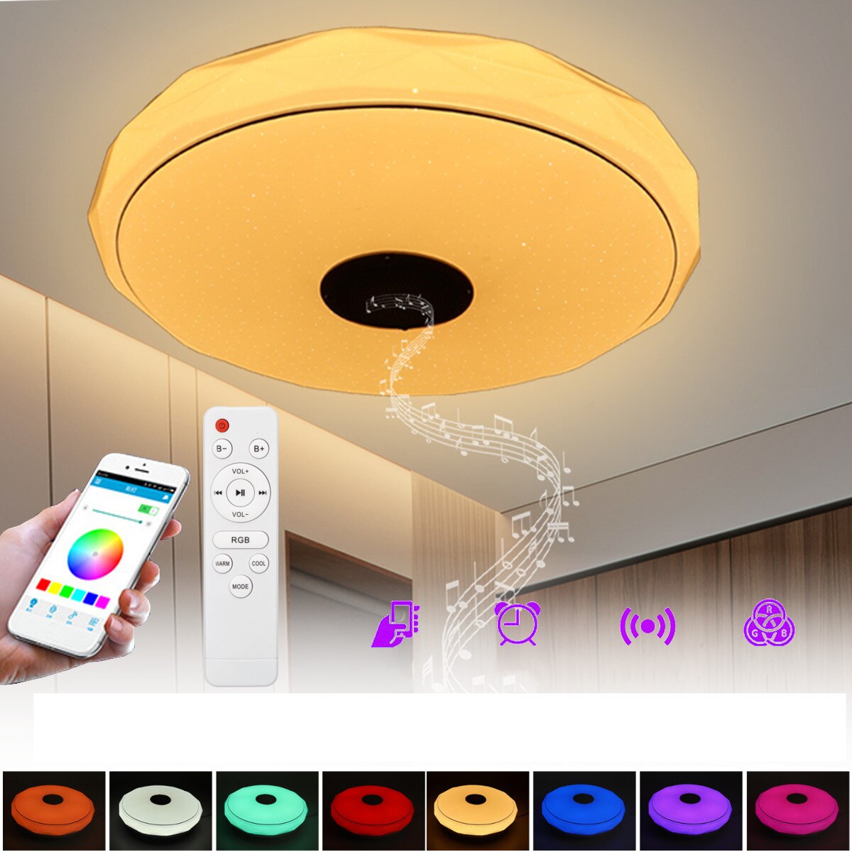 Plafoniera LED cu telecomanda, 60 W, Difuzor, Bluetooth, Diametru 40 cm ...