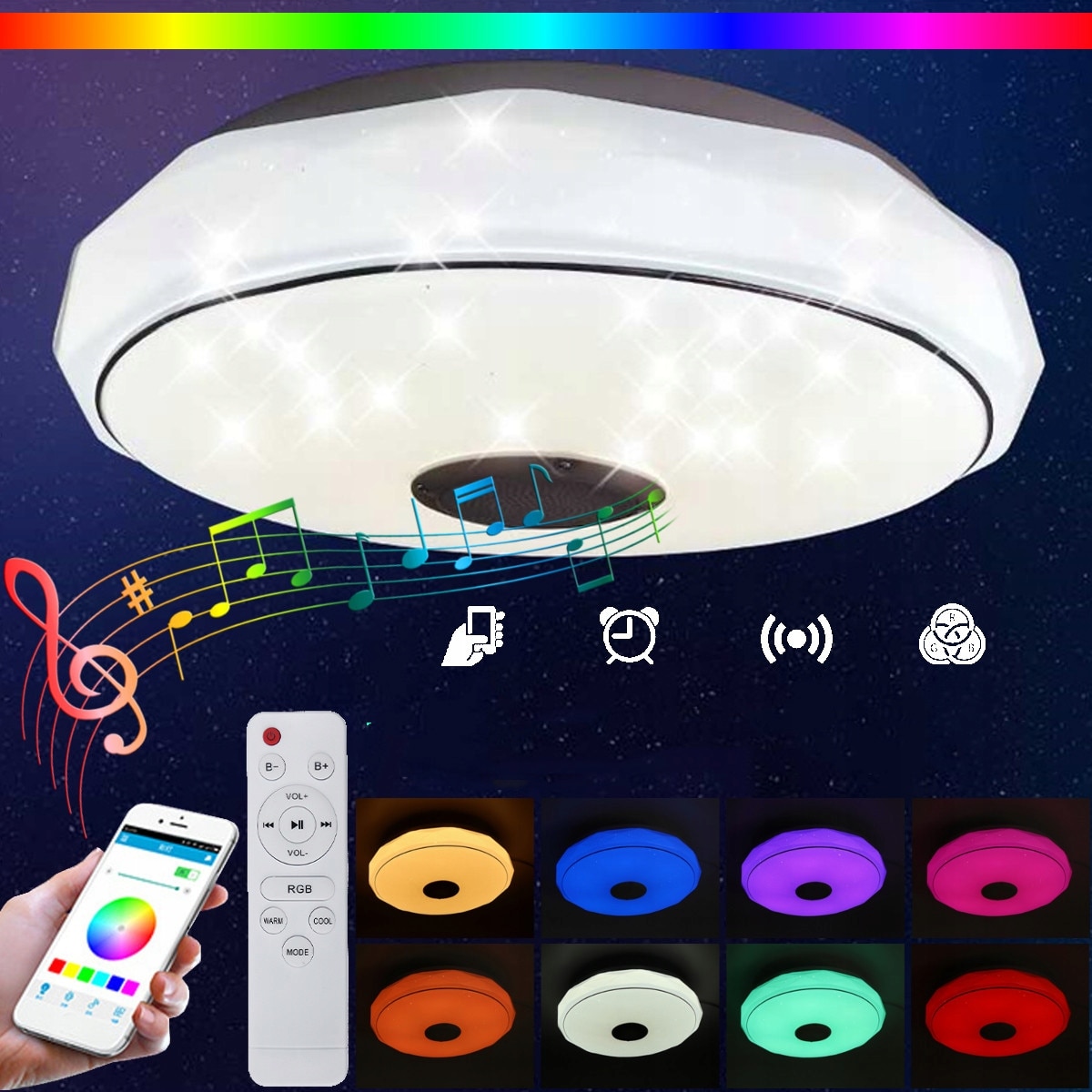 Plafoniera LED cu telecomanda, 60 W, Difuzor, Bluetooth, Diametru 40 cm ...