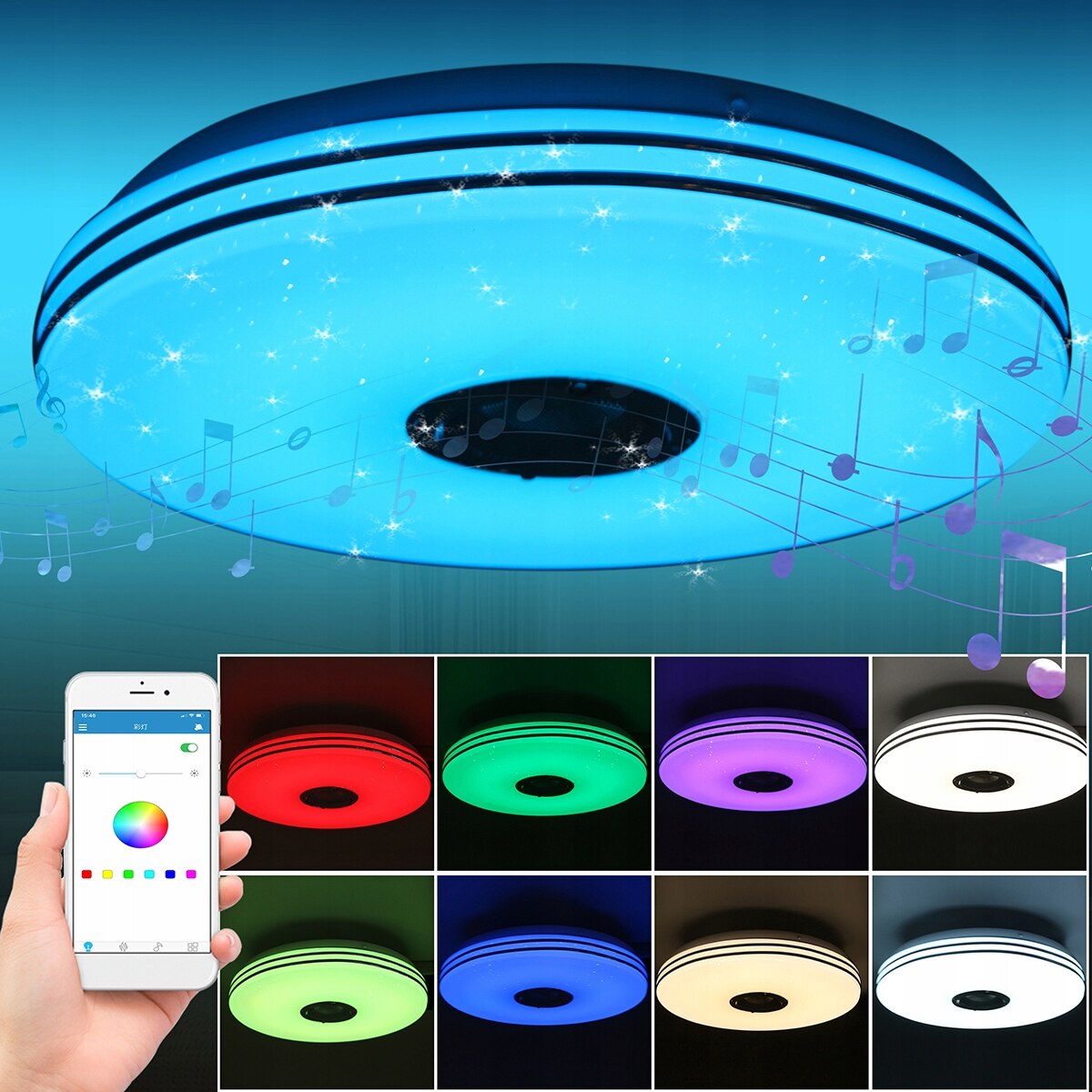 Plafoniera LED cu telecomanda, 72 W, Difuzor muzica, Diametru 30 cm ...
