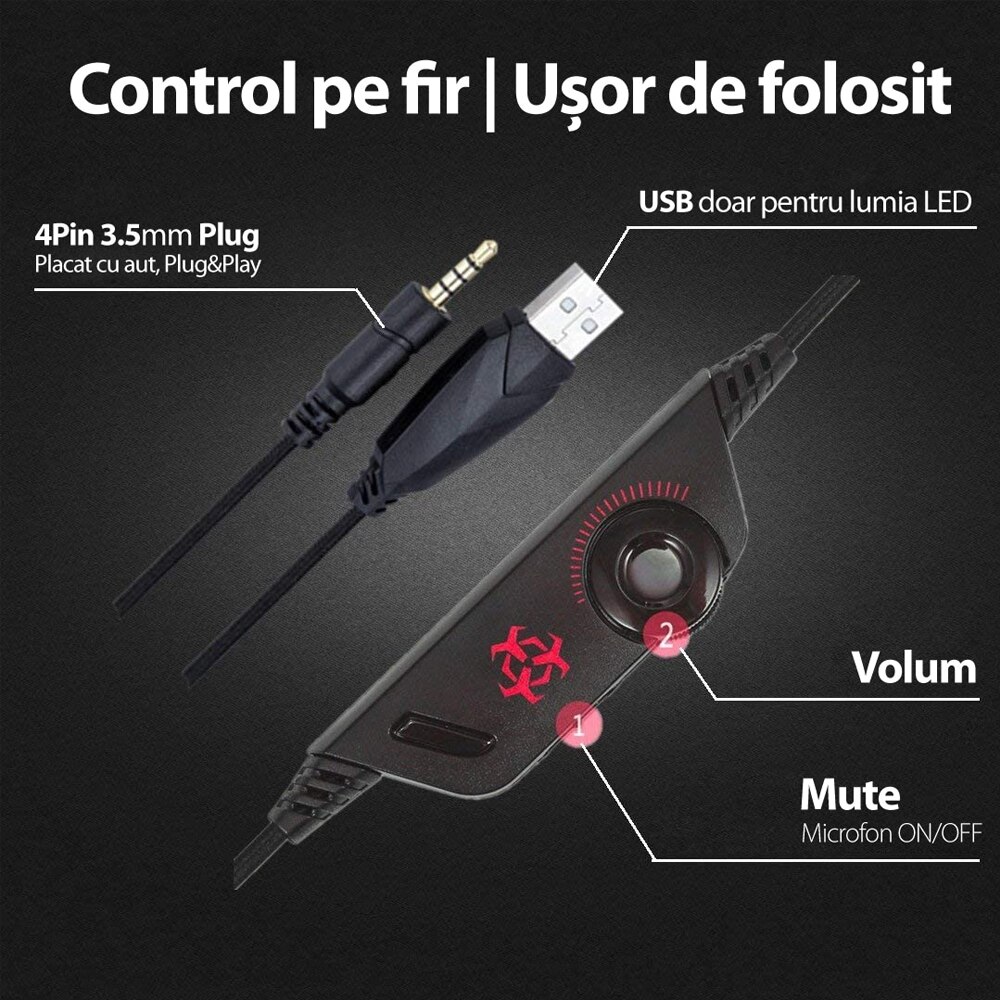 Слушалки за игри HunterSpider, V3 Pro, съраунд звук 7.1, Червена LED ...