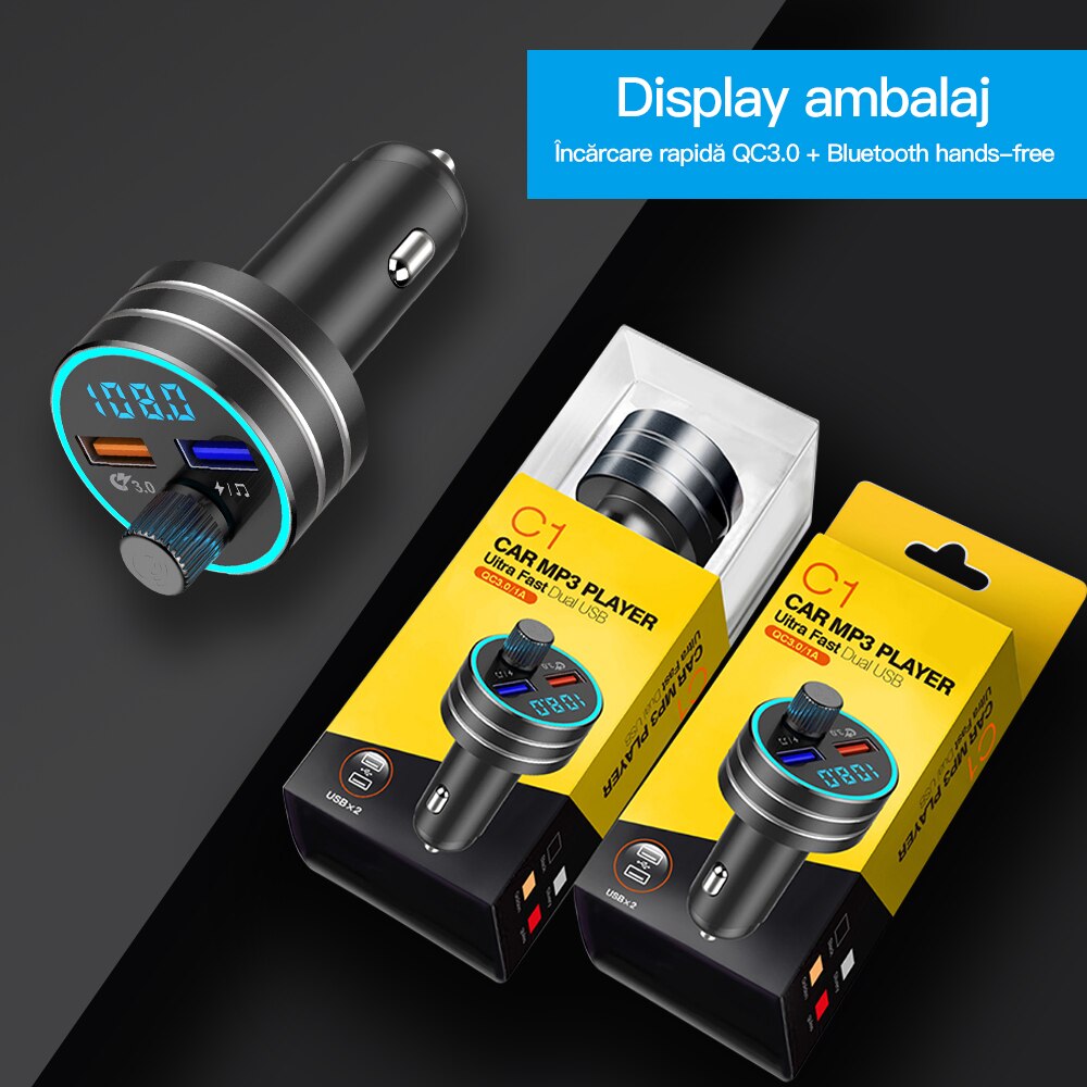 Modulator FM, Euotboup, Bluetooth 5.0, QC 3.0, Functie MP3, 4x3.9x8 cm ...