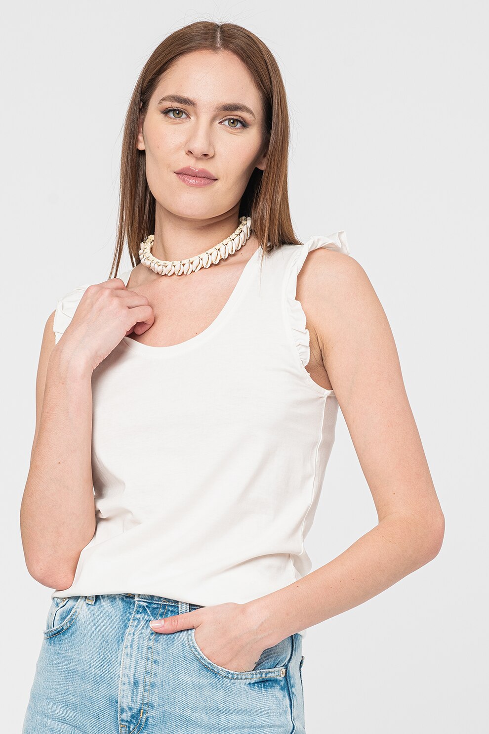 Esprit, Top din bumbac cu detalii cu volane, Alb, M - eMAG.ro