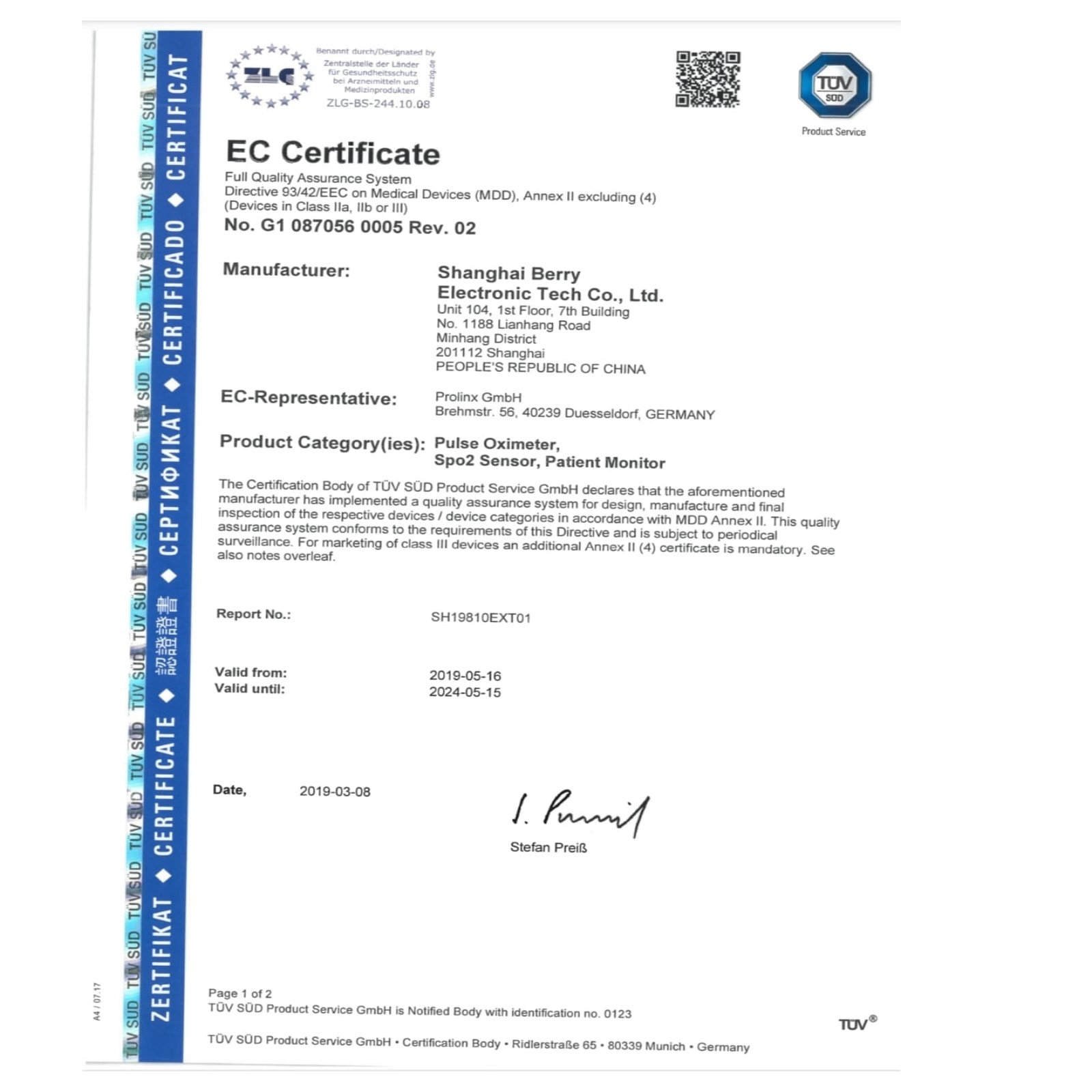 Пулсоксиметър Berry Company CE0123, Интелигентен, Пръстов, Памет ...