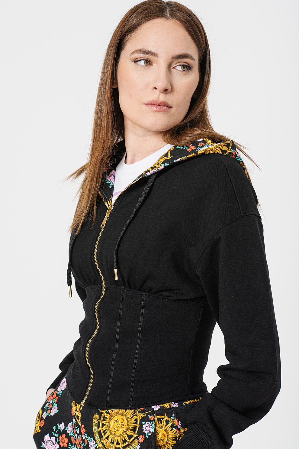 Versace Jeans Couture, Hanorac slim fit din bumbac cu snururi de ...