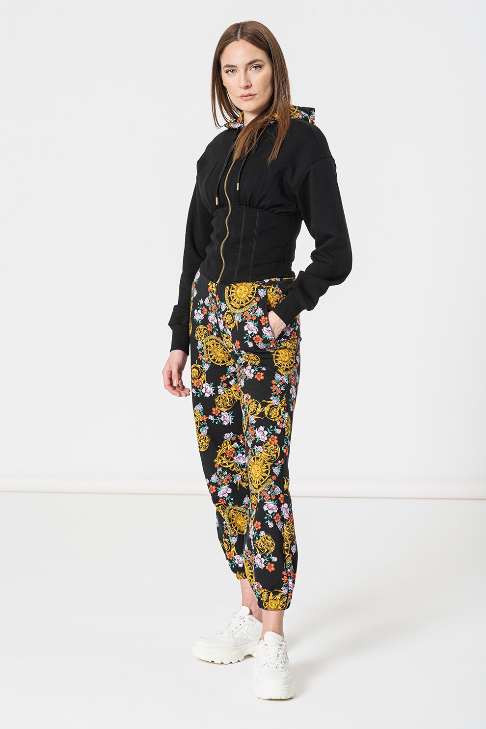 Versace Jeans Couture, Hanorac slim fit din bumbac cu snururi de ...