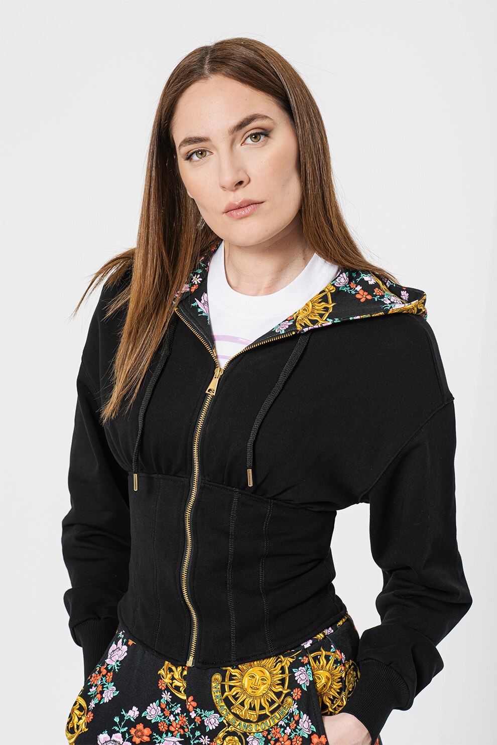 Versace Jeans Couture, Hanorac slim fit din bumbac cu snururi de ...