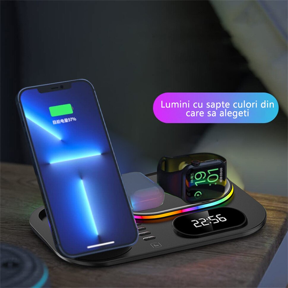 Incarcator wireless 4 In 1, Vaxiuja®, 30W, Orar digital, RGB ...