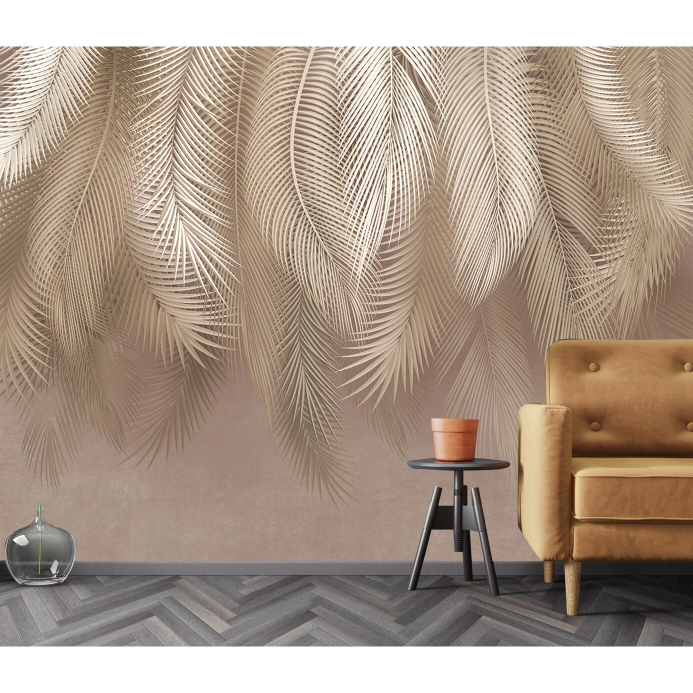 Fototapet, Frunze bej pe fundal crem maro, 250x 450cm, Design modern ...