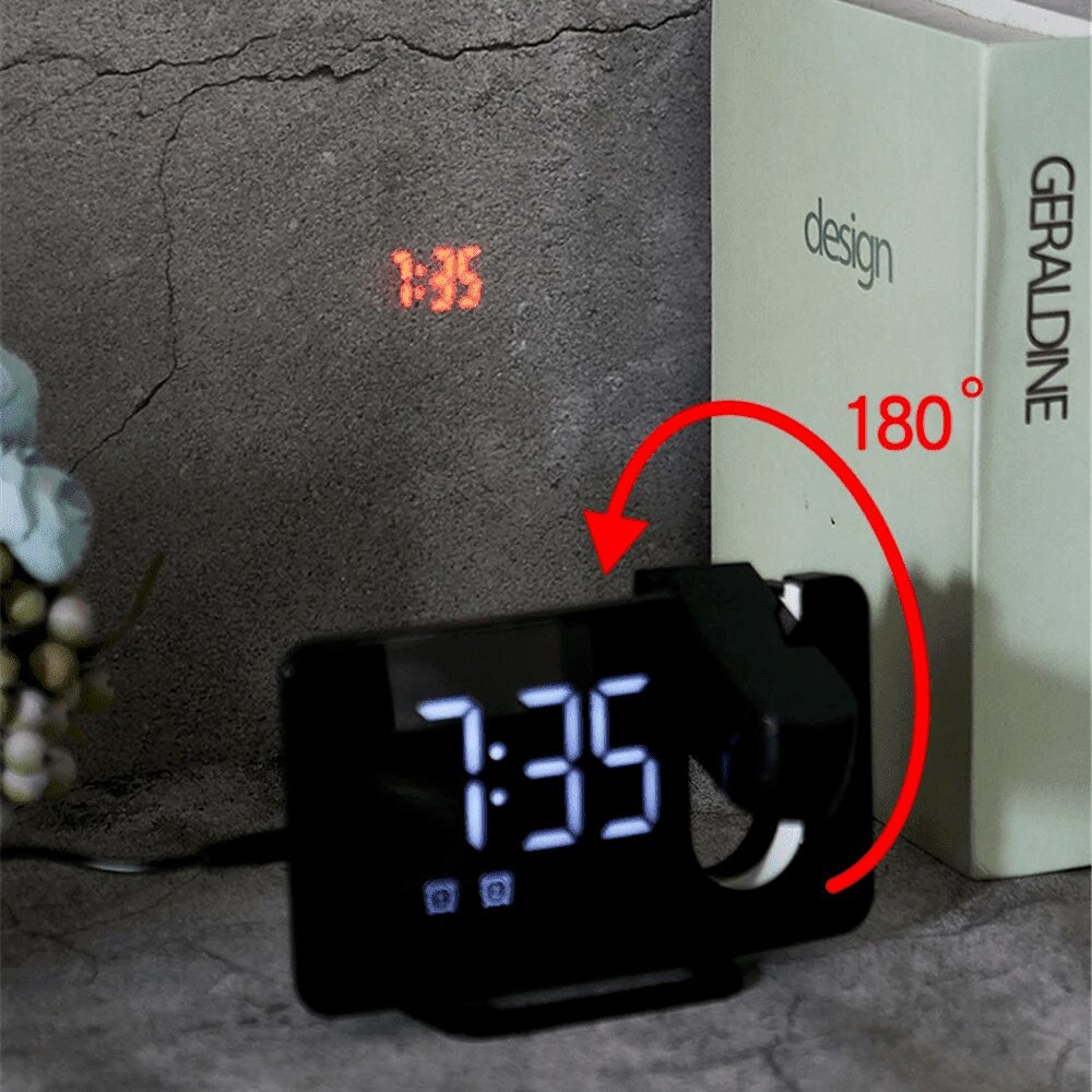 Ceas de birou, cu proiectie LED si radio, design minimalist, negru ...