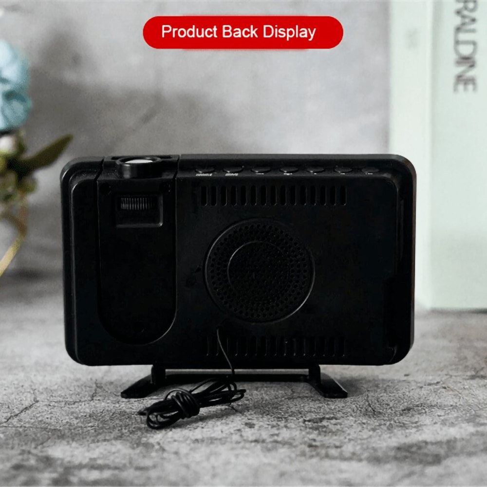 Ceas de birou, cu proiectie LED si radio, design minimalist, negru ...