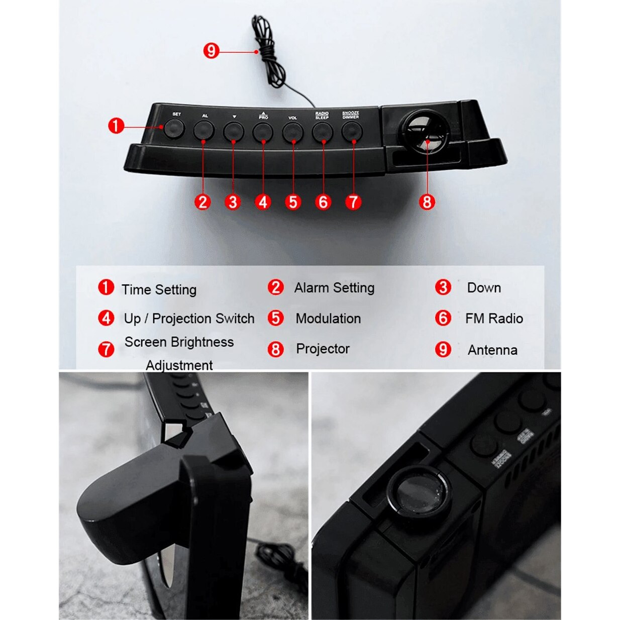 Ceas de birou, cu proiectie LED si radio, design minimalist, negru ...