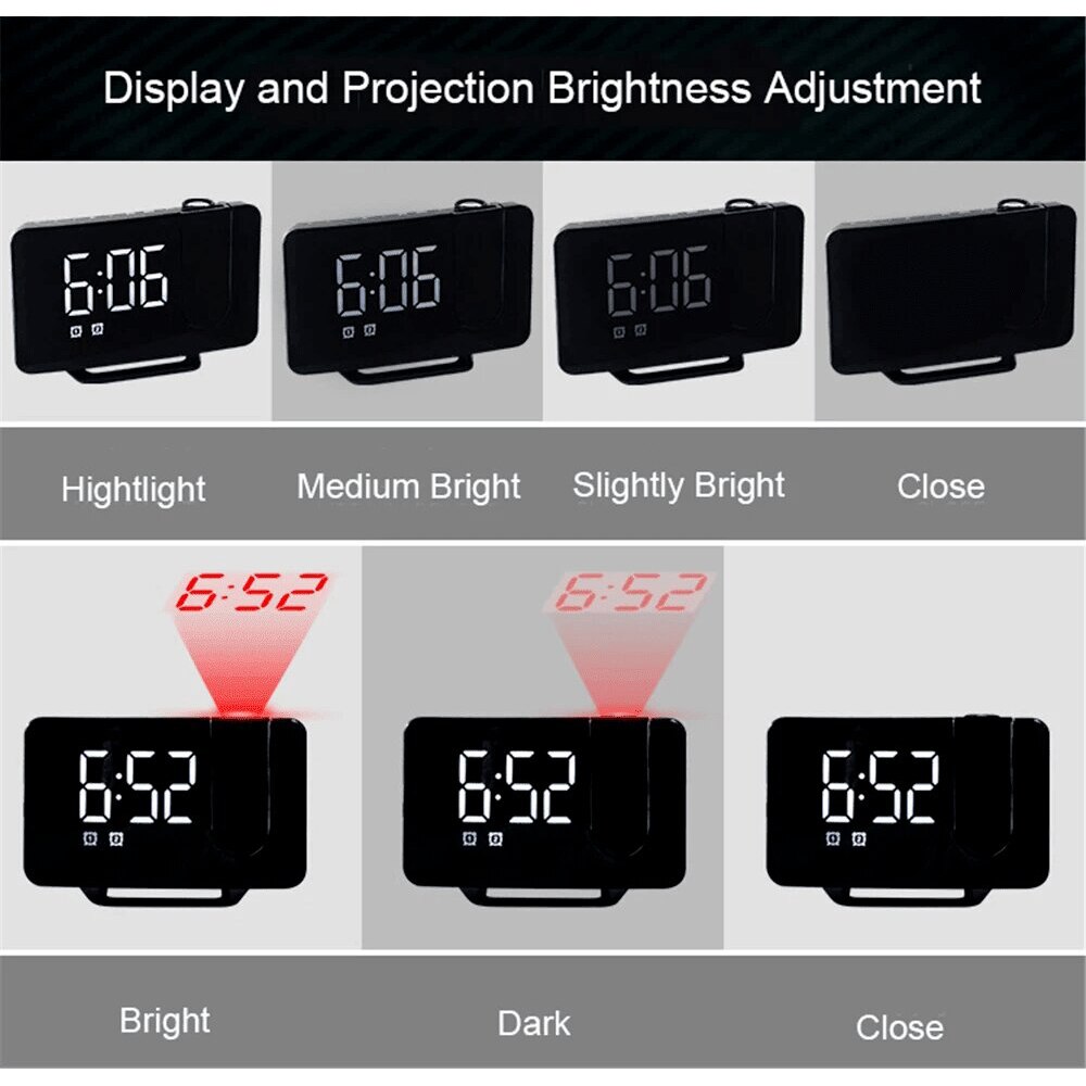 Ceas de birou, cu proiectie LED si radio, design minimalist, negru ...