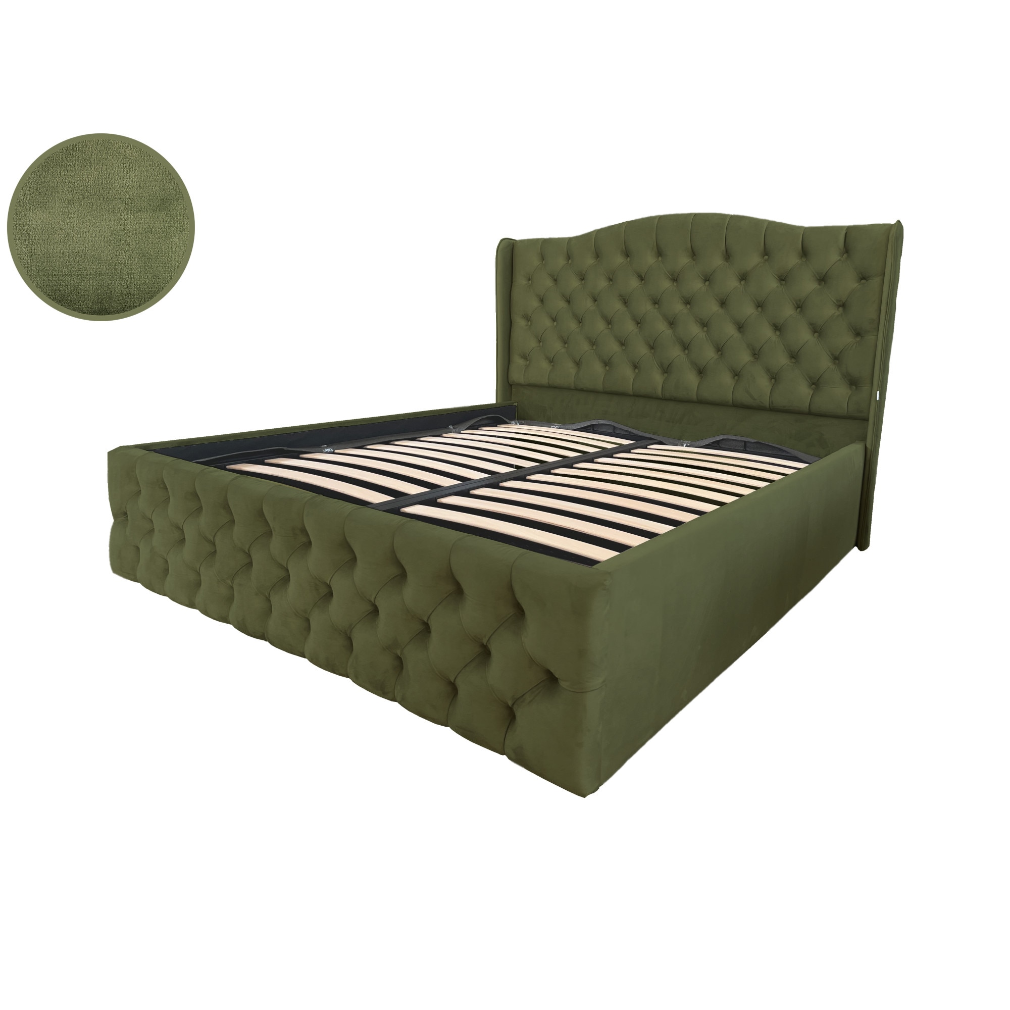 Pat Doha dublu cu somiera si spatiu de depozitare, verde maslin ...