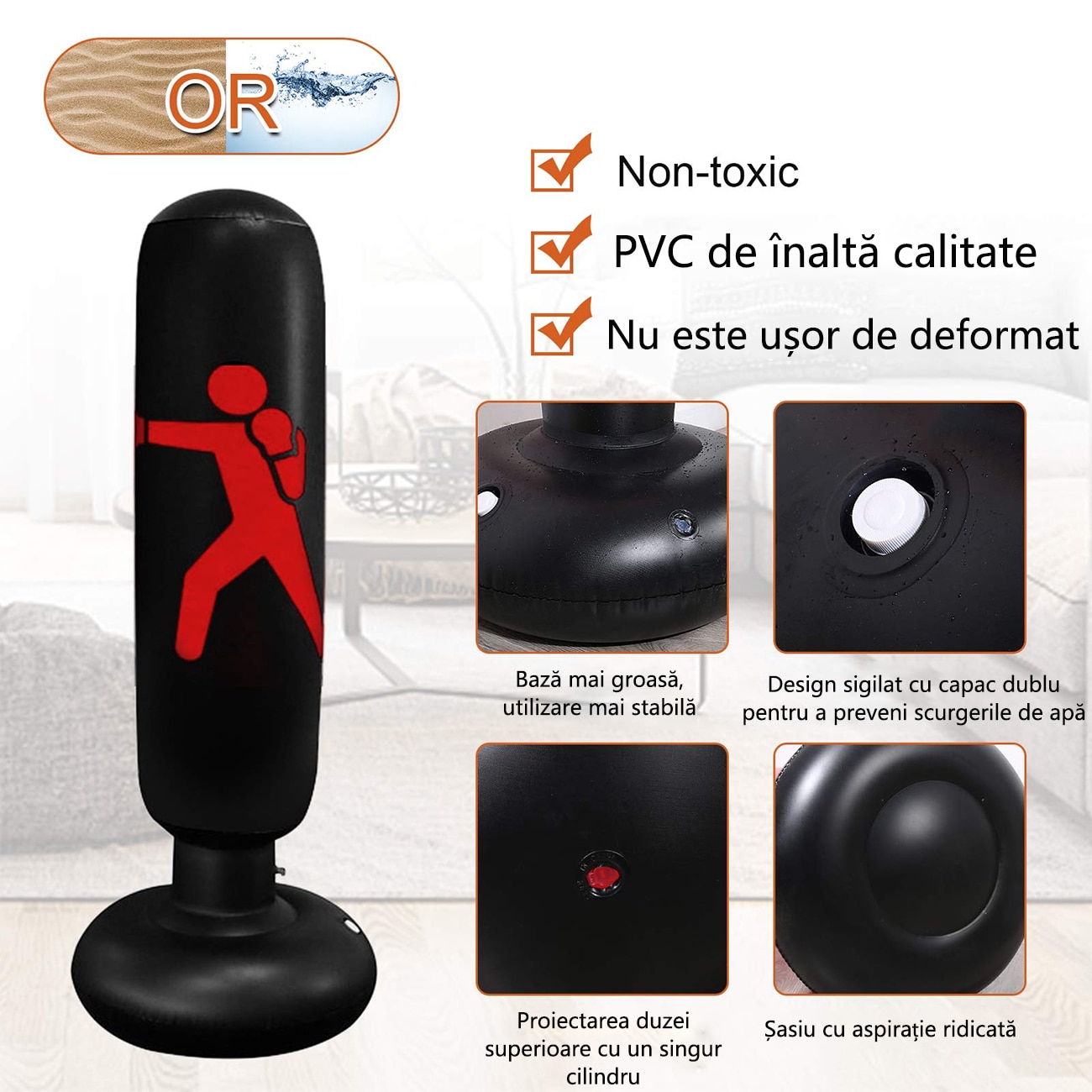 Sac de box gonflabil pentru copii/adulti, Inaltime 160 cm, PVC, Negru ...
