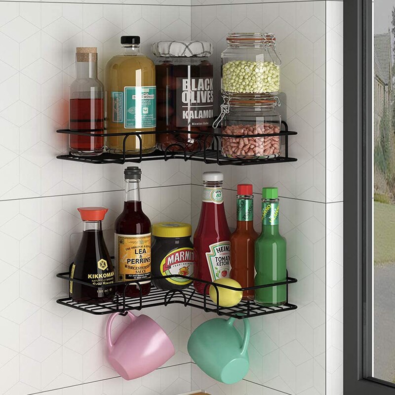 Raft de colt pentru baie, Fier/Otel inoxidabil, 36 x 26 x 5.5 cm, Negru ...