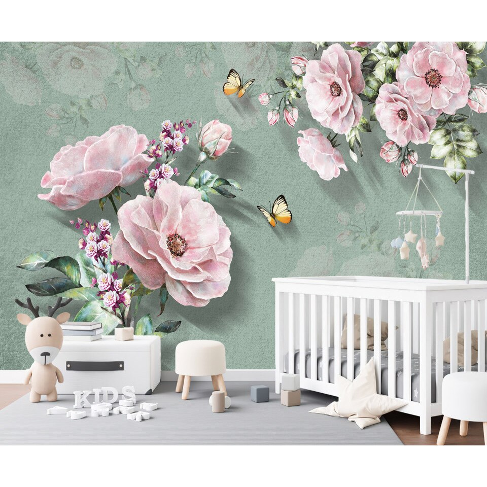 Fototapet Floral, Trandafirii roz cu fluturasi pe un fundal verzui ...