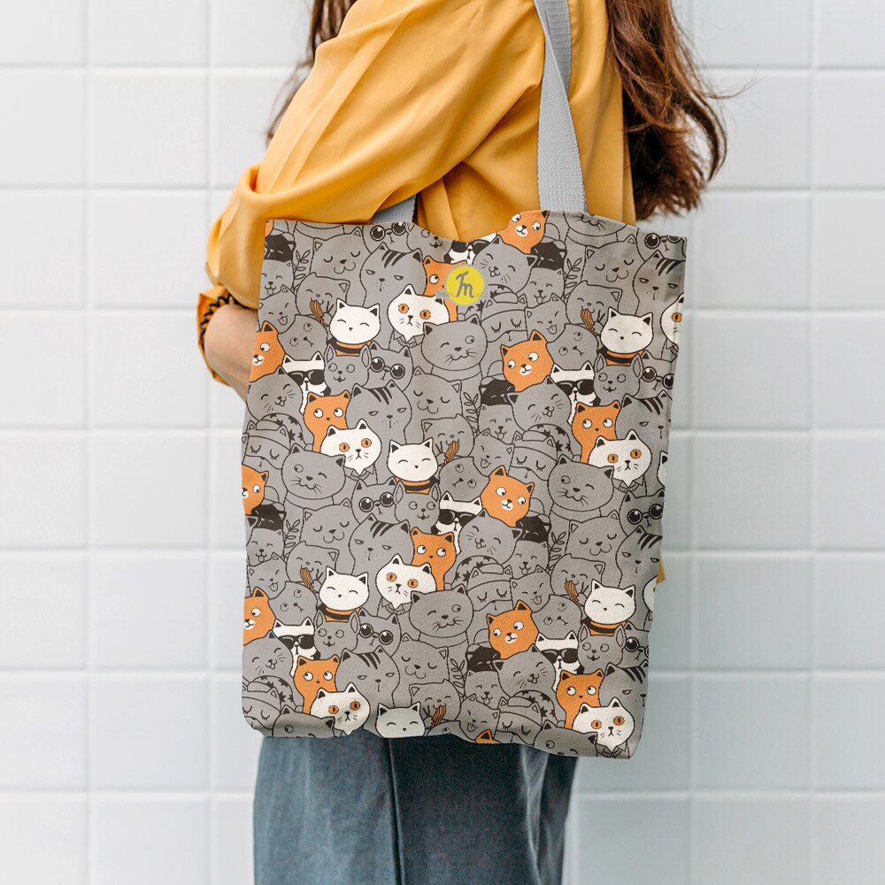 Ръчно изработена чанта Tote Liner Bag с подплата, котки Smechere ...