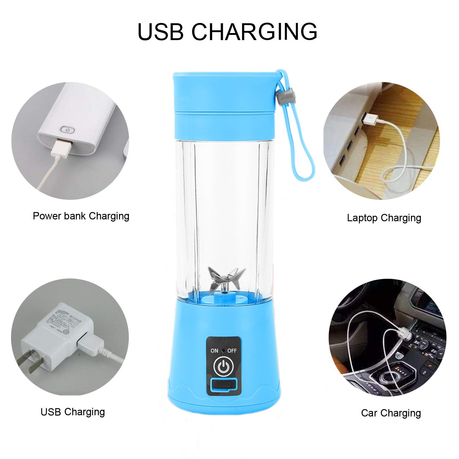 Mini blender portabil Deliny®, Multifunctional, Incarcare USB, 6 lame, 380 ml, Albastru - eMAG.ro