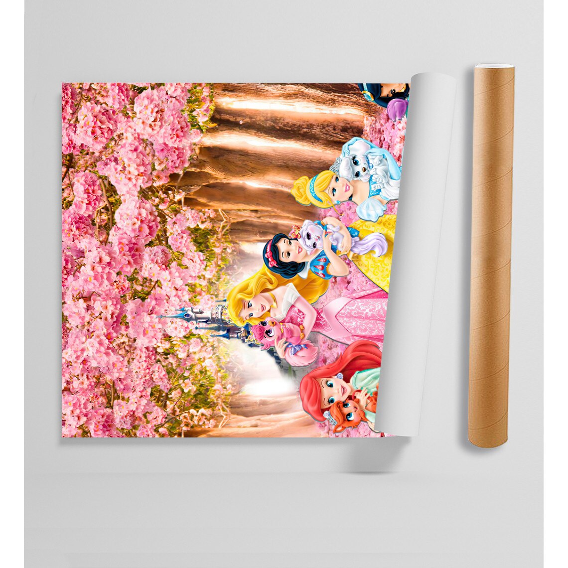 Fototapet pentru copii, Printesele Disney in parcul cu copaci roz, 150x ...