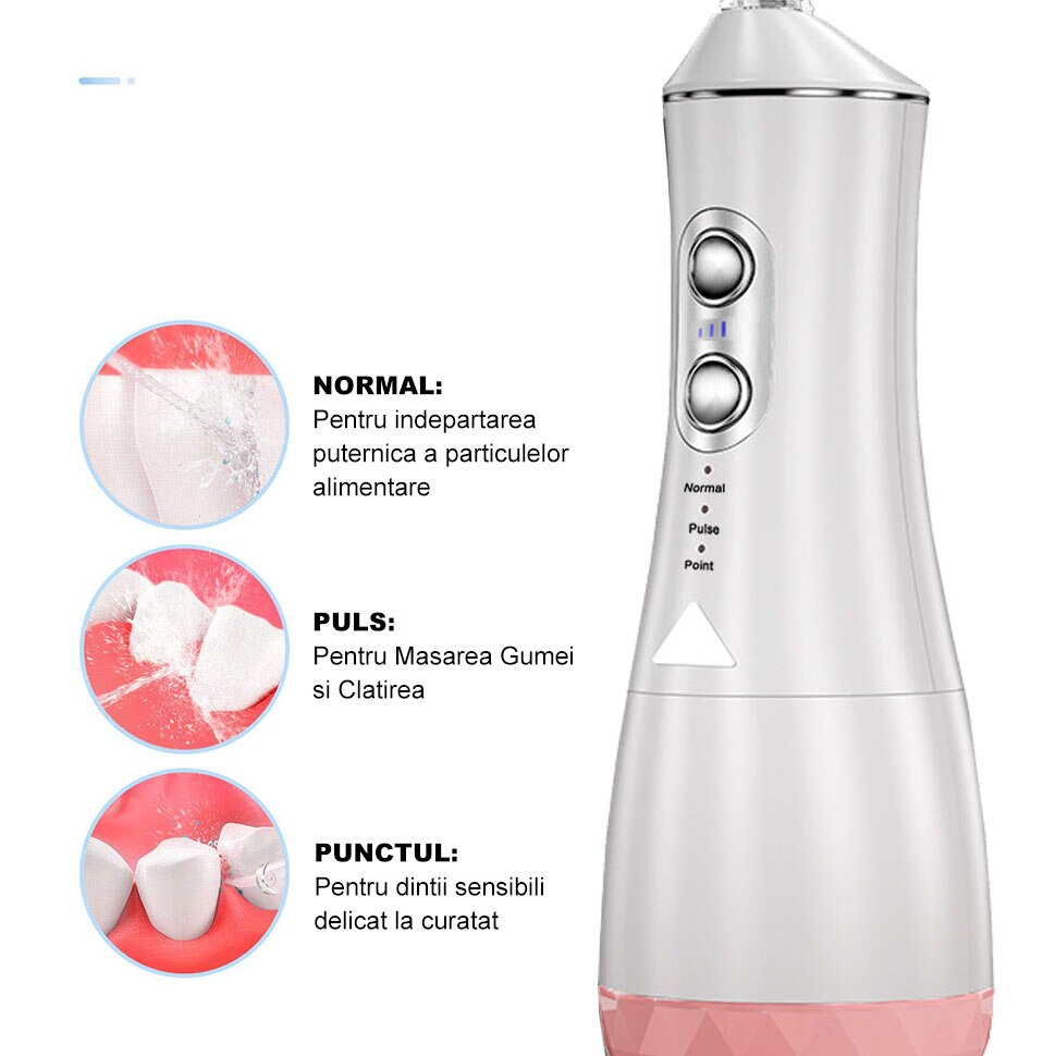 Irigator oral, YHJ, 9 Metode de curatare, 4 duze, 320ml, IPX7, Portabil ...