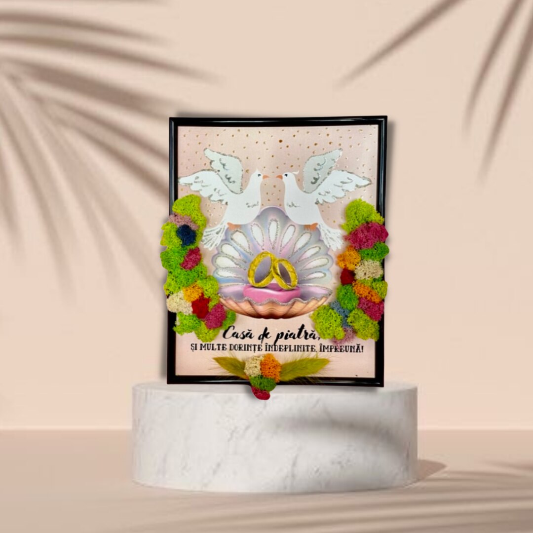 Tablou cu licheni stabilizati, dimensiune 20x25, model porumbei si ...