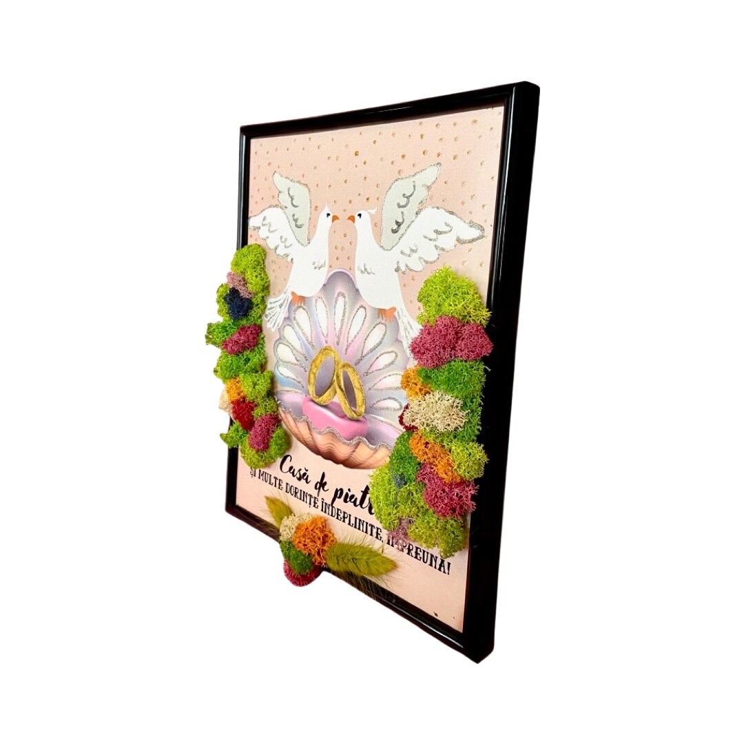 Tablou cu licheni stabilizati, dimensiune 20x25, model porumbei si ...