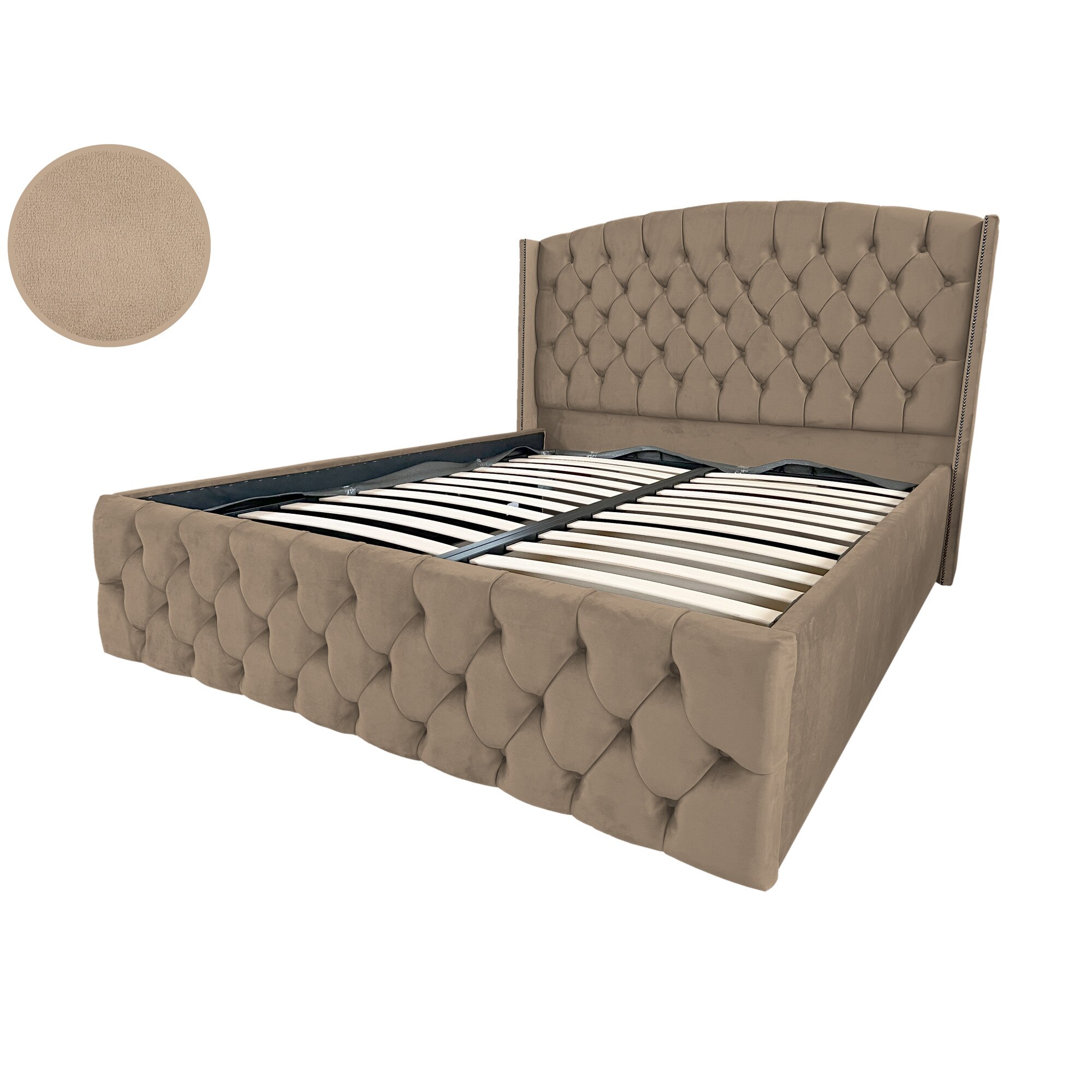 Pat Tokyo dublu cu somiera si spatiu de depozitare, crem,200x200 cm ...