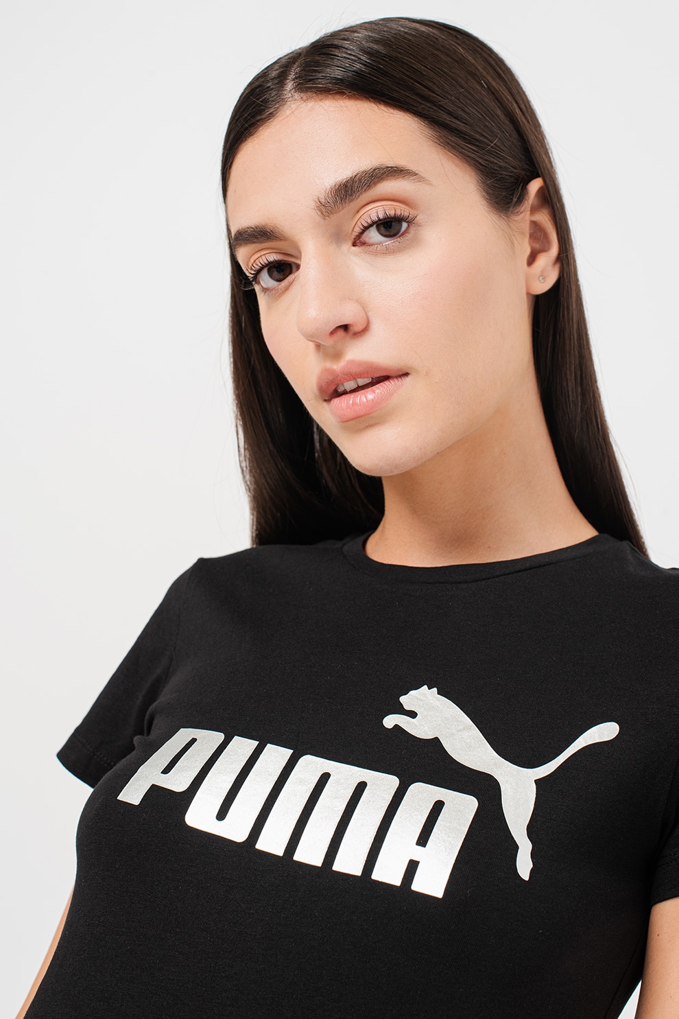 Puma, Памучна тениска с контрастно лого, Черен, Сребрист, S - eMAG.bg