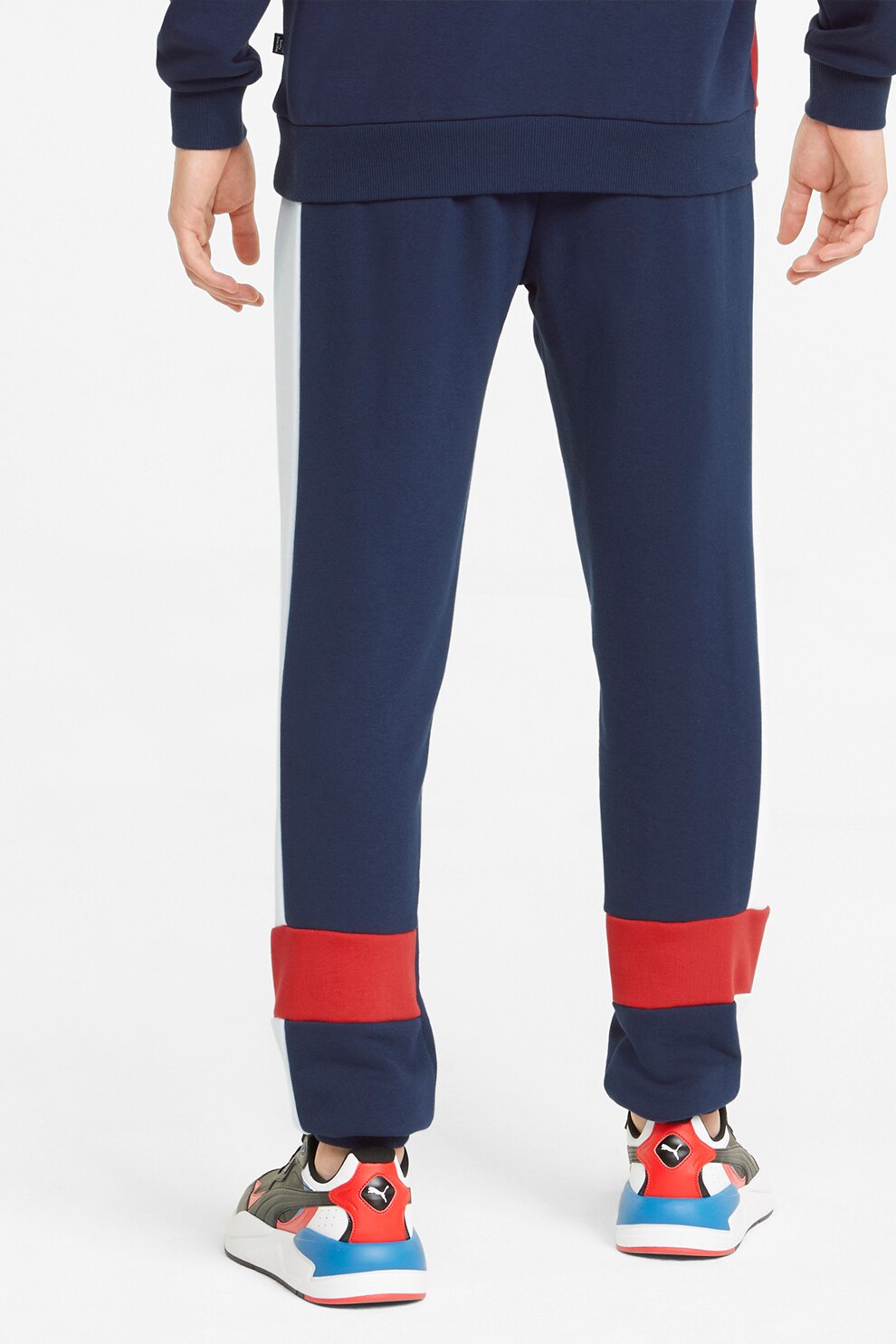 Puma, Pantaloni sport conici cu model colorblock ESS+, Albastru inchis ...