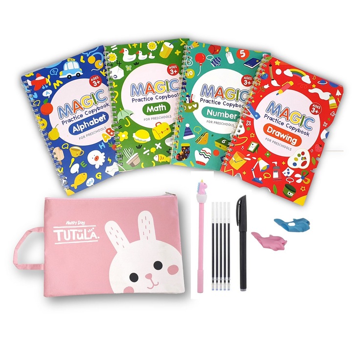 Set 4 Caiete reutilizabile cu pix magic care dispare si gentuta roz, 10 ...