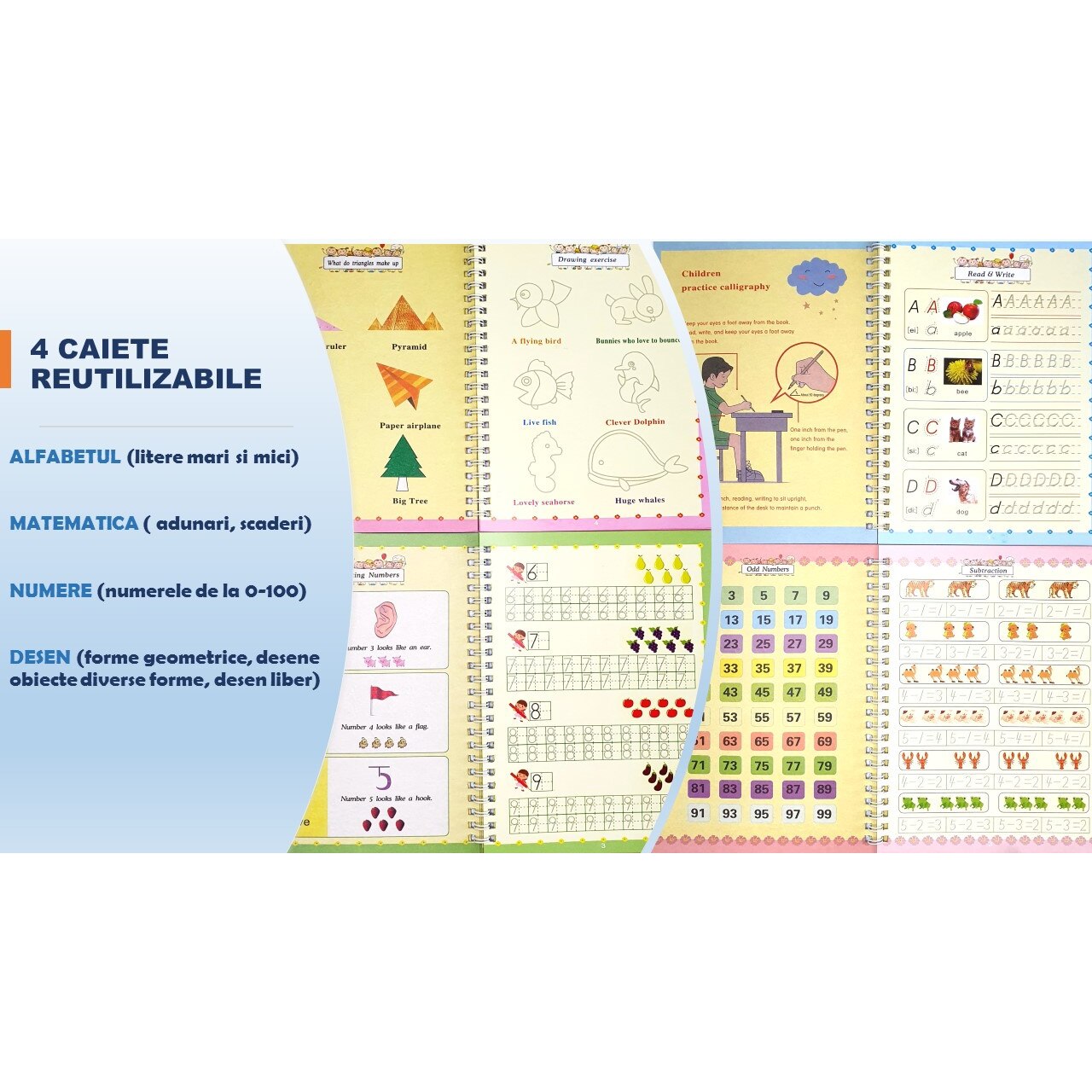 Set 4 Caiete reutilizabile cu pix magic care dispare si gentuta roz, 10 ...