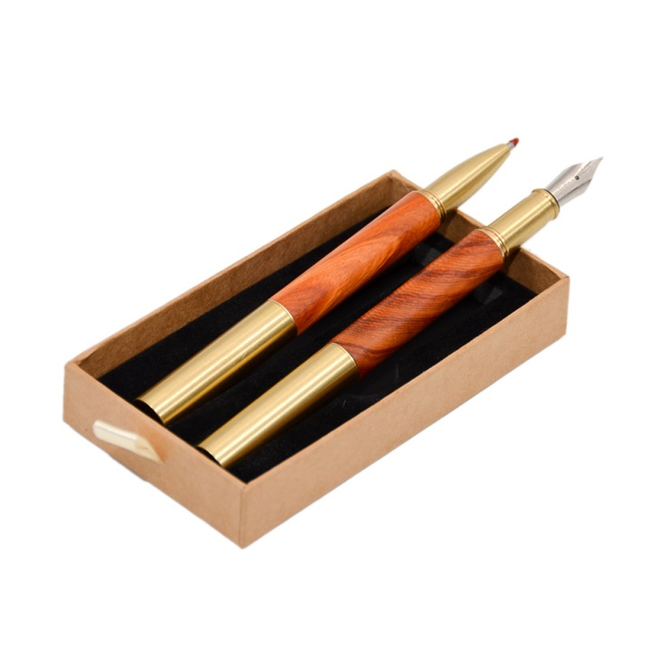 Set mini stilou si roller, din cupru si lemn, in cutie ecologica - eMAG.ro