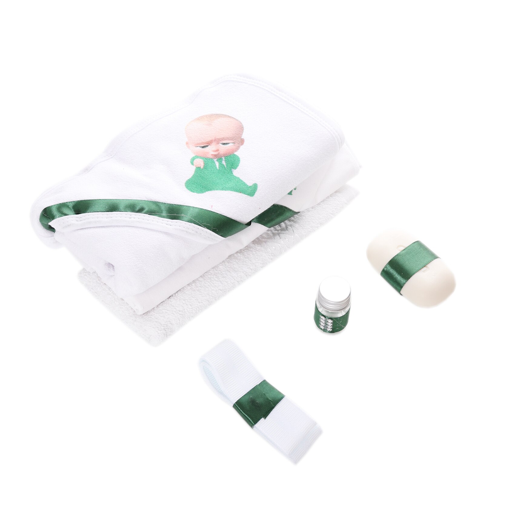 Trusou botez cu Bebe Sef, alb-verde, mesaj „Cu drag din partea nasilor ...