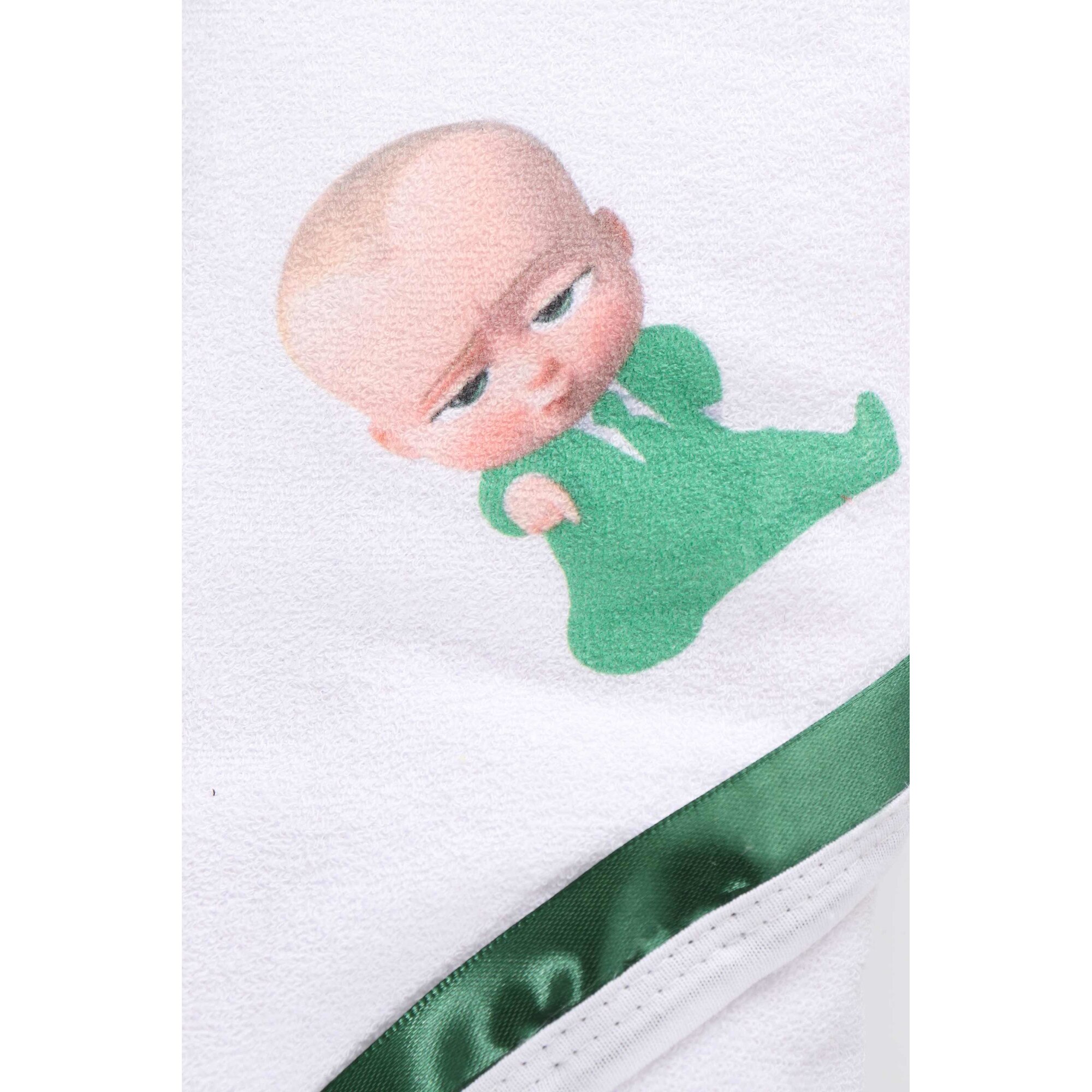 Trusou botez cu Bebe Sef, alb-verde, mesaj „Cu drag din partea nasilor ...