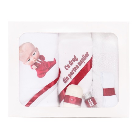 Trusou botez cu Bebe Sef, alb-rosu, mesaj „Cu drag din partea nasilor ...