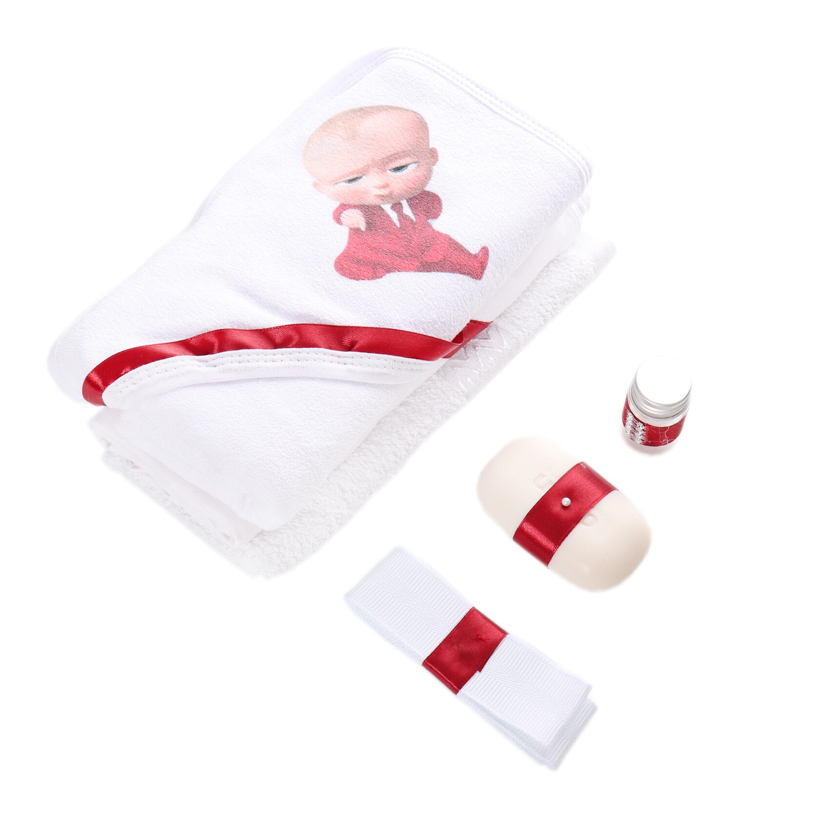 Trusou botez cu Bebe Sef, alb-rosu, mesaj „Cu drag din partea nasilor ...