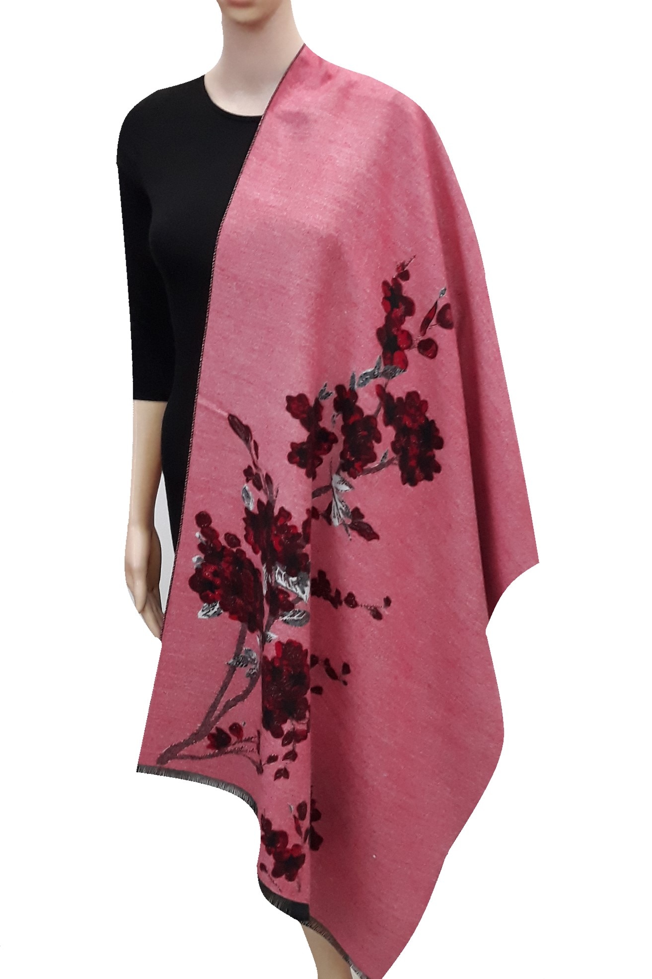 Sal dama, cu doua fete, negru-rosu, model floral, dimensiune 190x65 cm ...