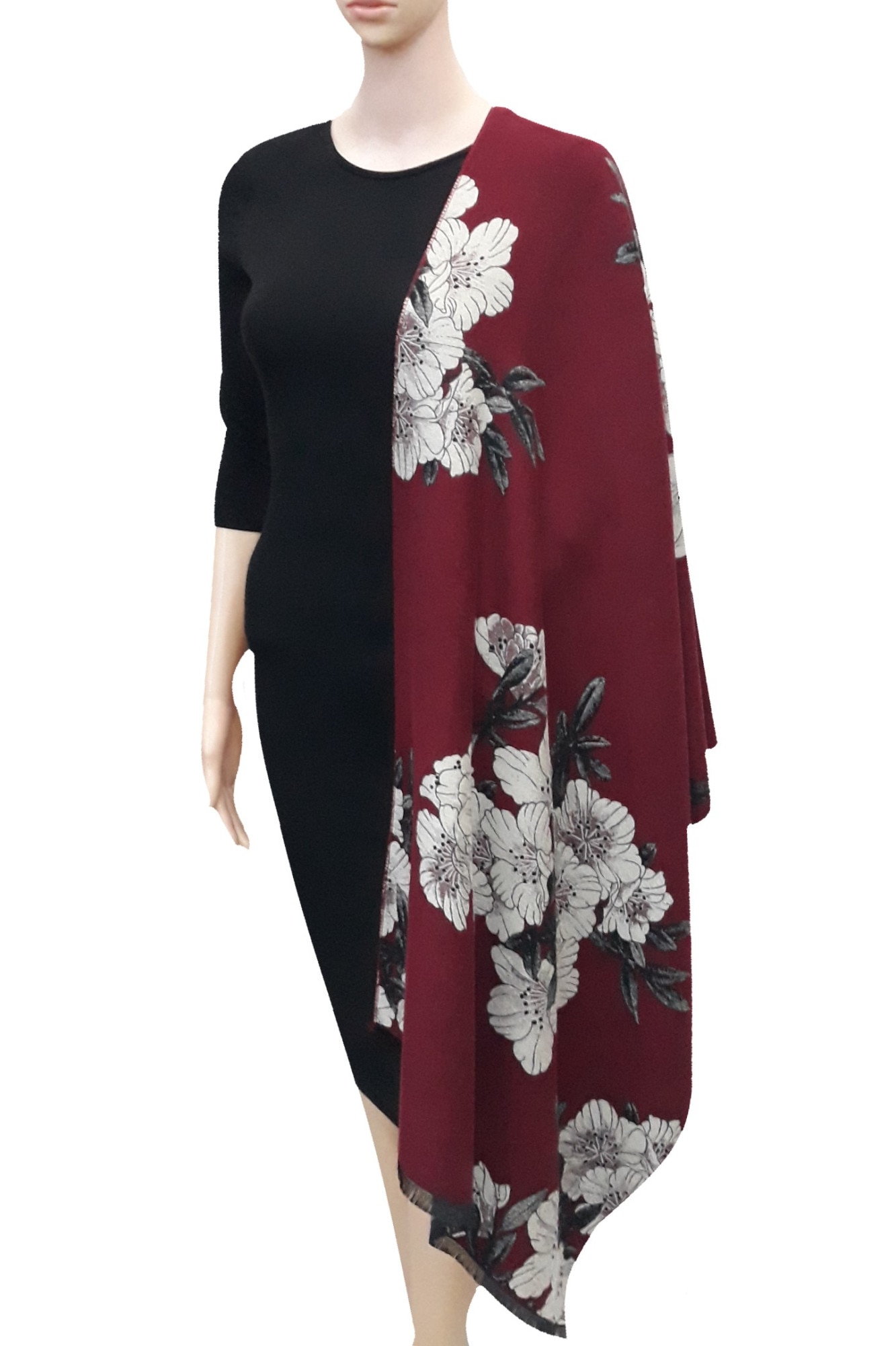 Sal dama, cu doua fete, grena\ gri, model floral, dimensiune 190x65 cm ...