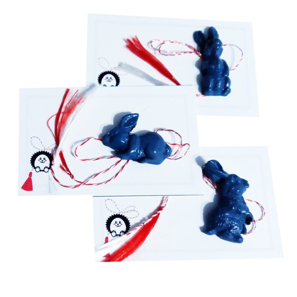 Set 3 martisoare MCF handmade Iepuras Coconas lut polimeric albastru ...