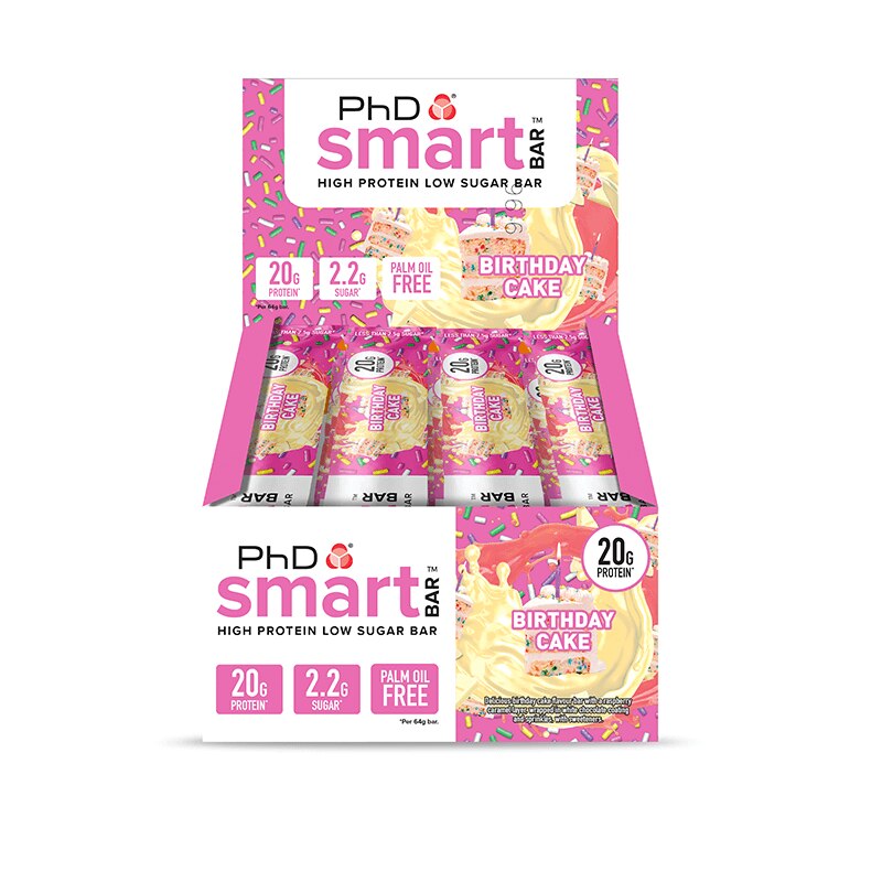 Cutie 12 batoane proteice PhD Smart Bar Birthday Cake 64g - eMAG.ro
