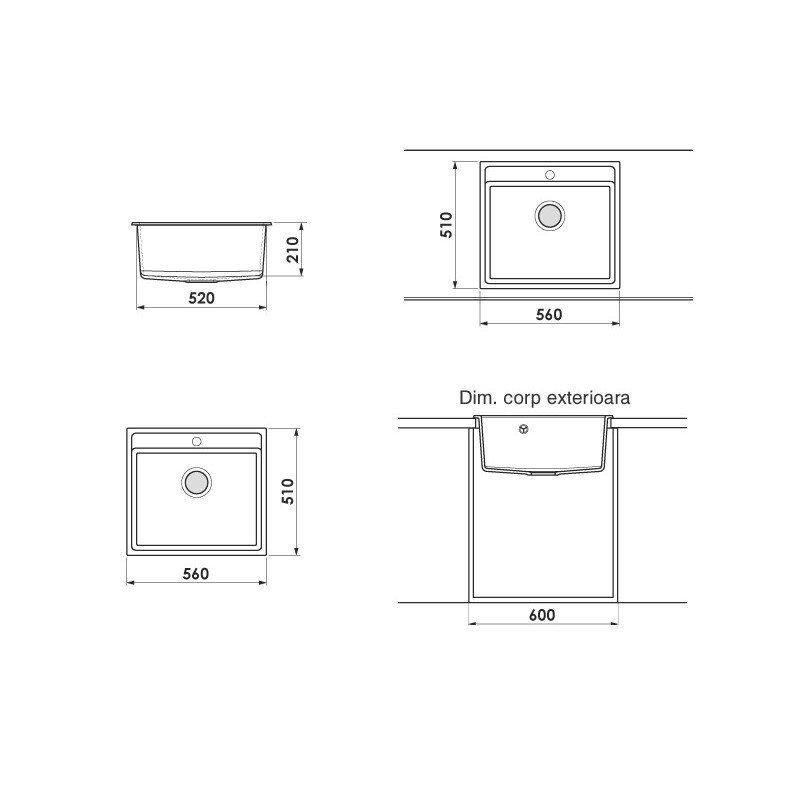 Chiuveta de bucatarie din compozit 56 cm x 51 cm negru cu insertie de ...