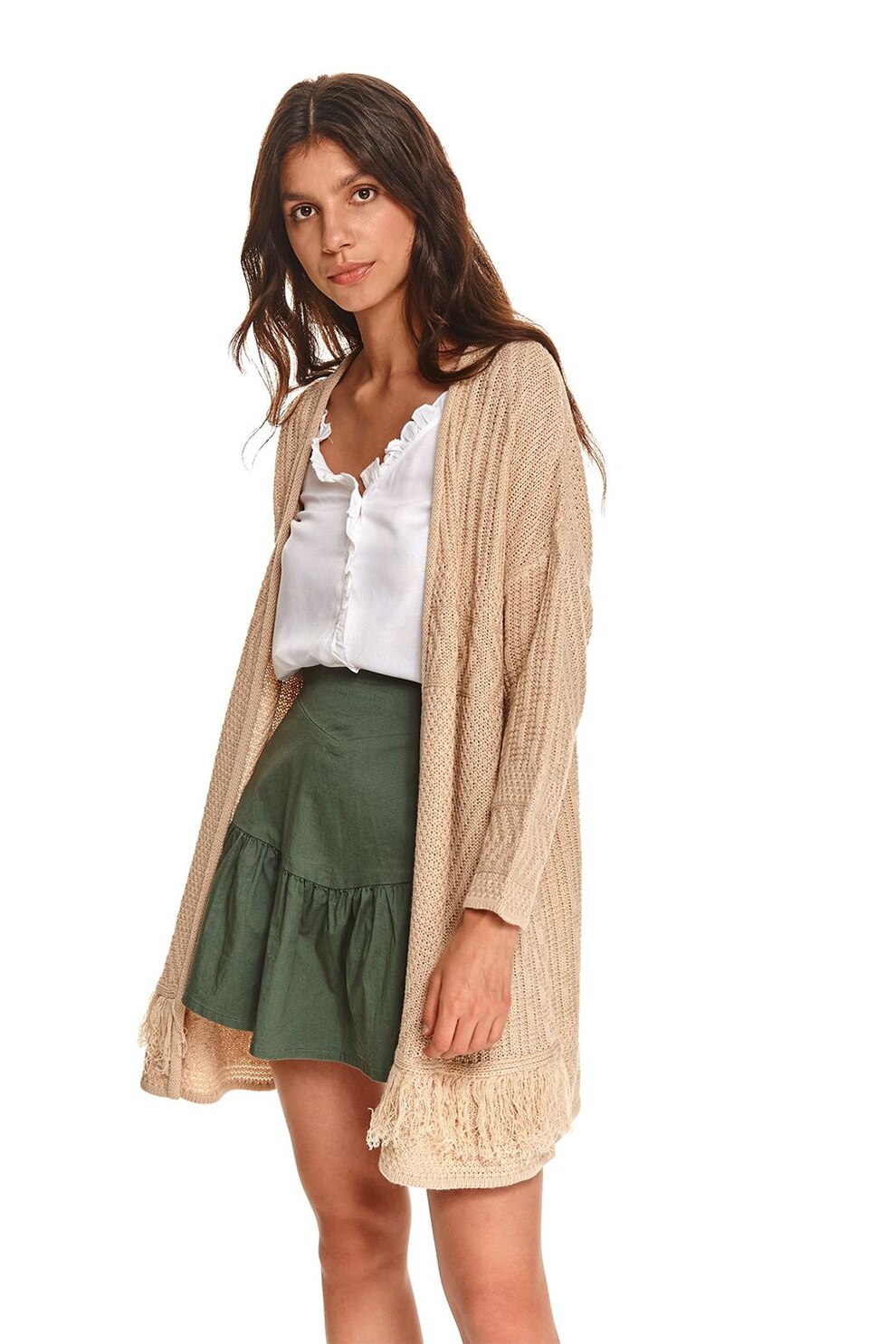 Top Secret, Cardigan lung fara inchidere cu franjuri, Crem, 38 - eMAG.ro