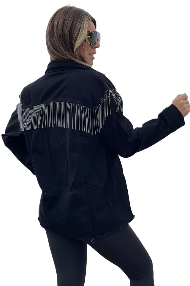 Geaca lunga Lisa, de blugi, accesorizata cu lanturi, Negru, M - eMAG.ro